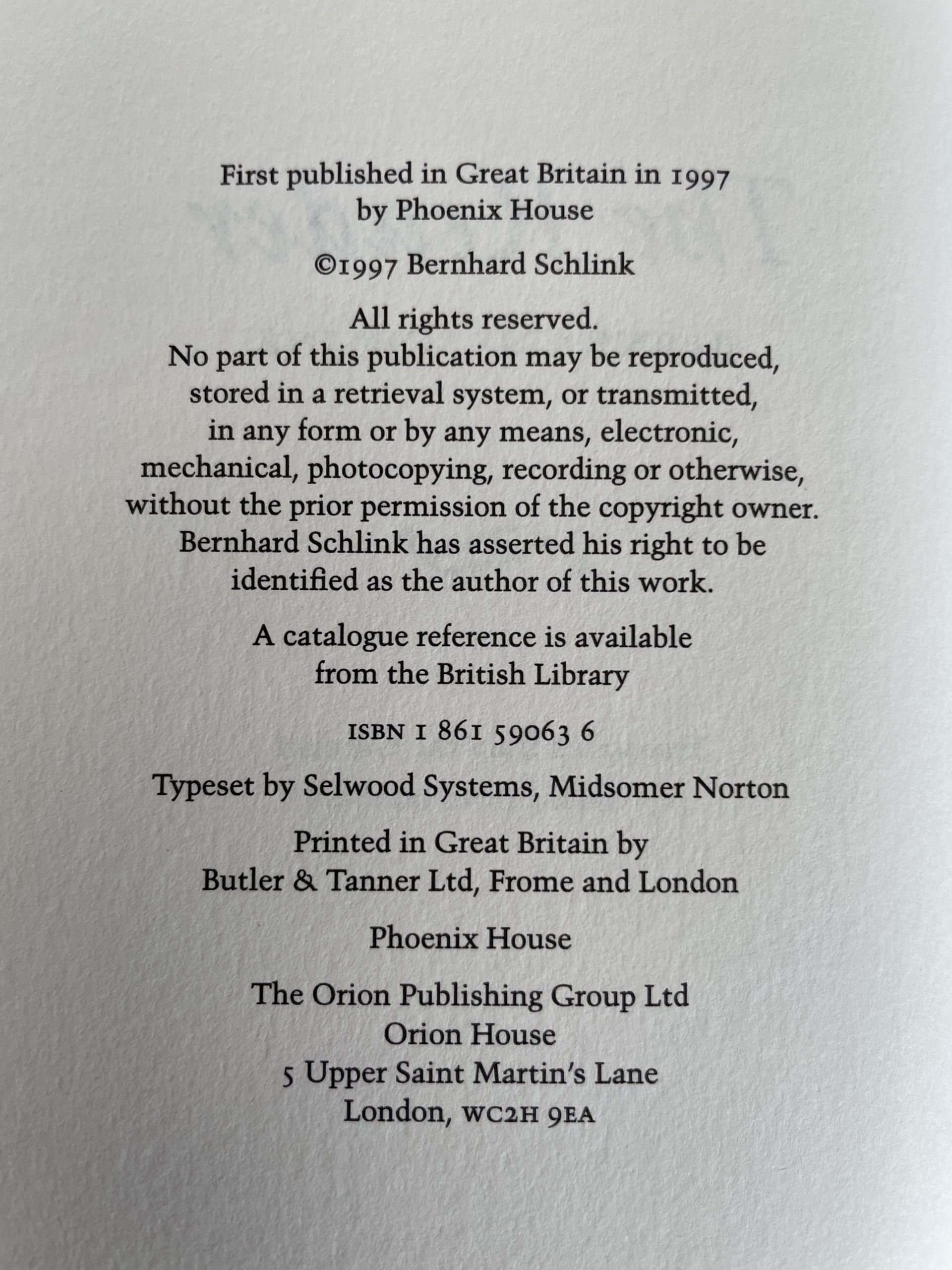 Bernhard Schlink - The Reader - First Edition 1997